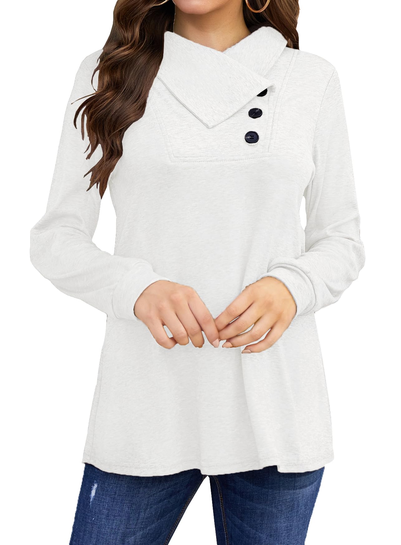 Cowl Neck Tops for Women Long Sleeve Cute A Line Dressy Tunic Shirts Blouses White XL