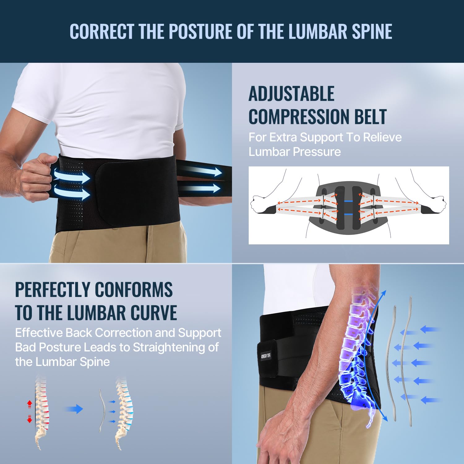 Fit Geno Back Brace for Lower Back Pain: Back Support Lumbar Belt for Women and Men - Breathable Lower Back Pain Relief Herniated Disc Sciatica Sacral - Ideal for Lifting Working Sports Large