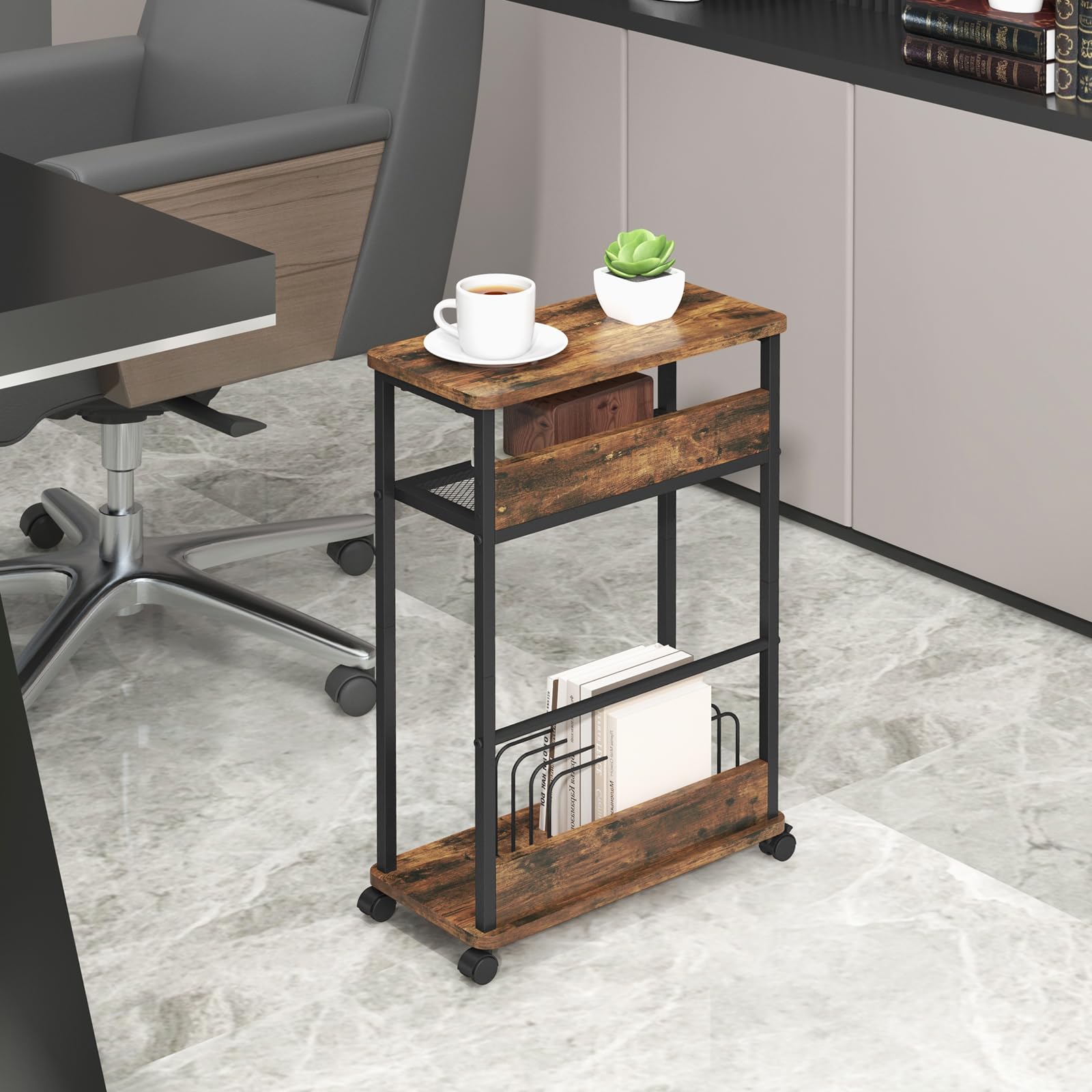Livofloral Narrow Side Table with Wheels, 3 Tier Small End Tables for Small Spaces, Sofa Table with Magazine Rack, Skinny Nightstand Table with Storage Shelf for Living Room, Bedroom, Brown