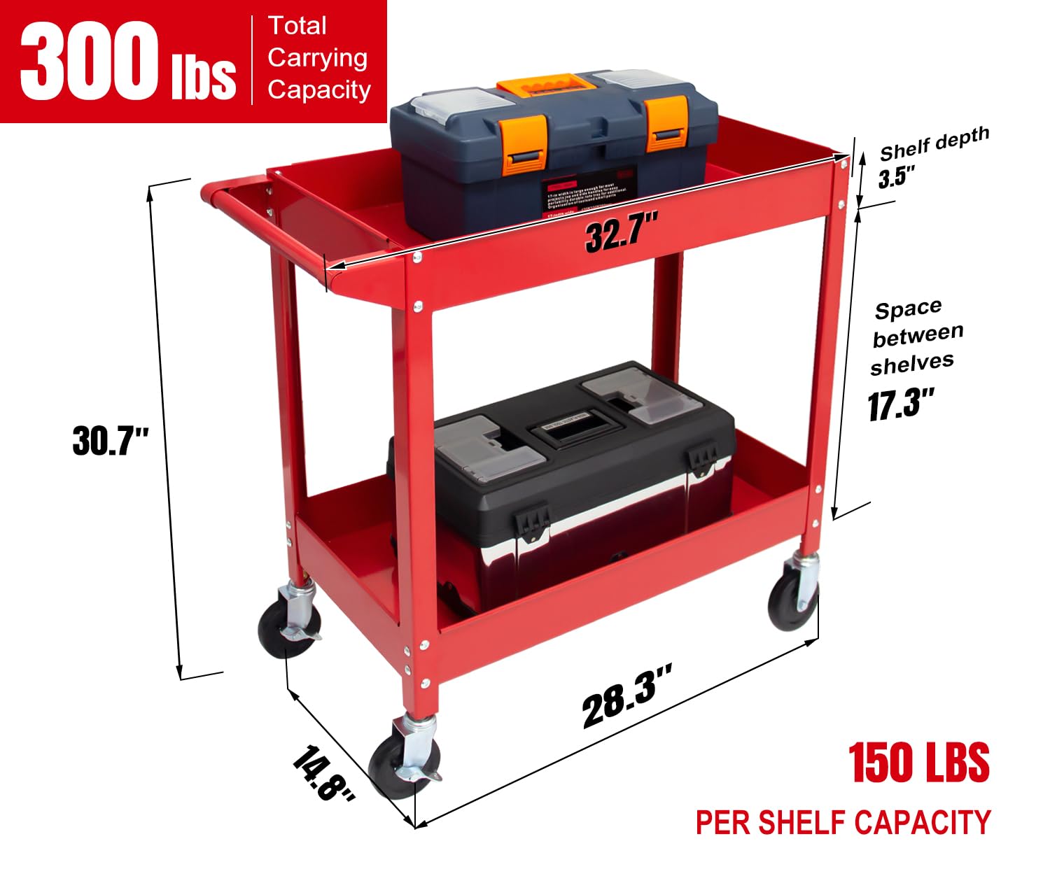 Generic 2 Tier Utility Service Cart 300 lbs, Steel Rolling Tool Cart on Wheels,Load Capacity for Mechanic Garage Warehouse Workshop & Repair Shop,Red