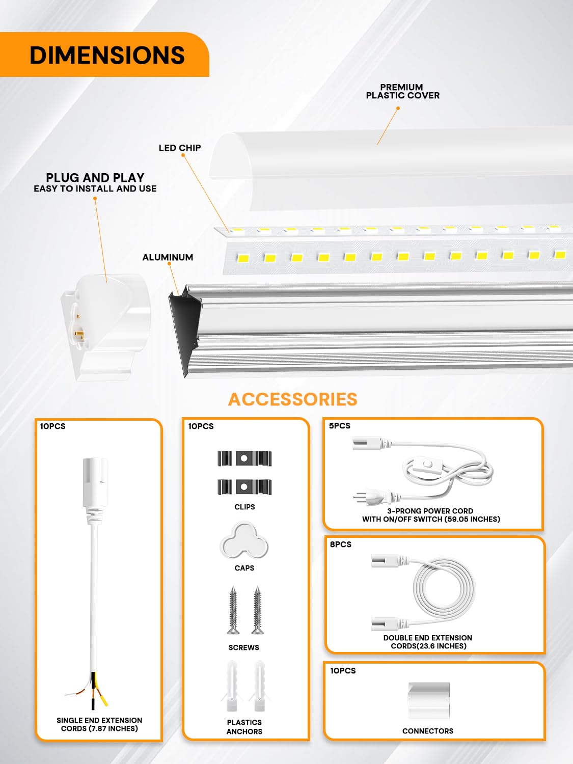 ONLYLUX LED Shop Light, 4ft 36W 5000lm 6500k Shop Lights, 4 Foot Led Light Fixture, T8 Led Tube Lights for Garage, V Shape High Output Linkable (10 Pack)