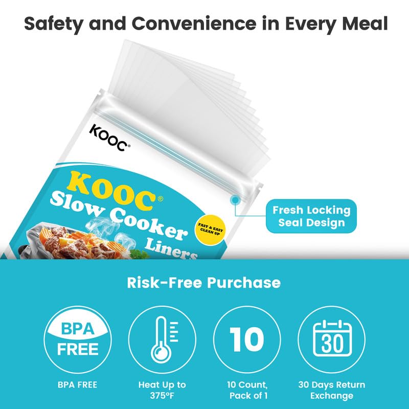 KOOC Slow Cooker Liners 10"x13" 10 count Small Size Disposable Pot Liners Cooking Bags Fit 1.5 qt to 2 qt Pot BPA Free Fresh Locking Seal Design