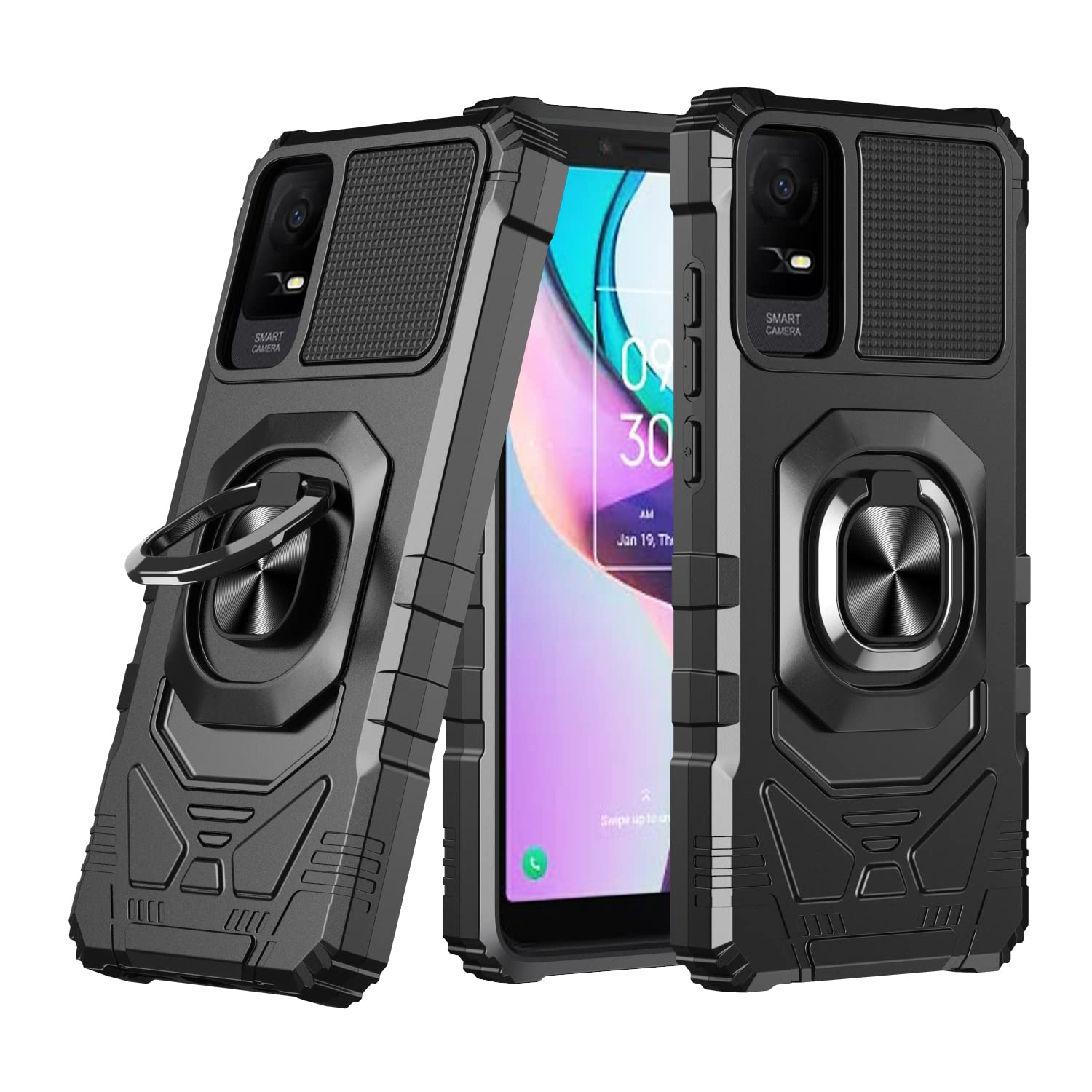 Compatible for TCL ION X Case/TCL ION V Case with Tempered Glass Screen Protector [Military Grade] Ring Car Mount Kickstand Shockproof Hard Phone Case - Black