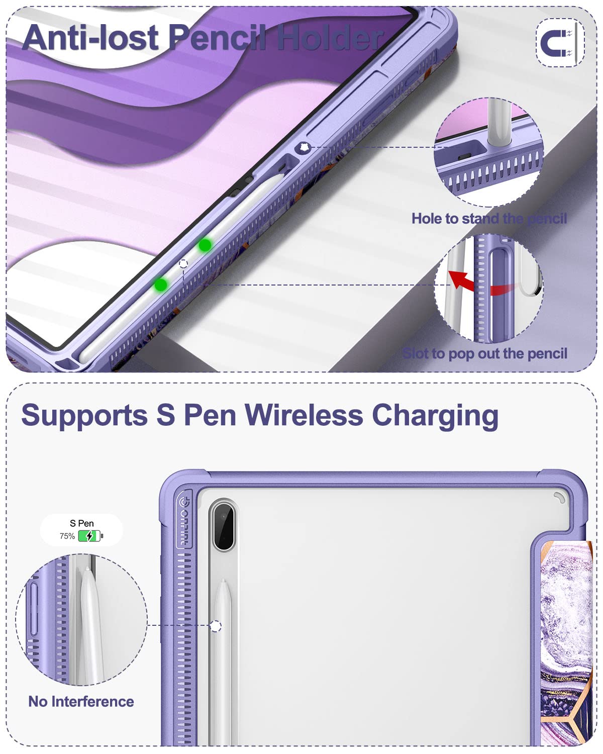 ONPINT Leather Case for Samsung Galaxy Tab S8 Plus/ S7 Plus/ S7 FE 12.4-inch, Built-in Screen Protector Folio Tablet Cover Magnetic Trifold Stand with S-Pen Holder for Women Men Cute, Lavender