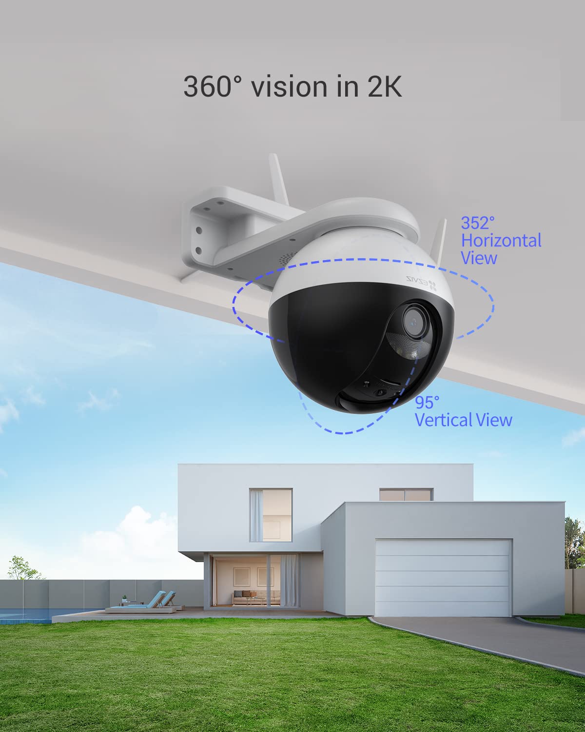 EZVIZ Outdoor Camera, 2K, 12 Pre-Set dots Auto-Tracking,360° Visual Coverage, Waterproof, Color Night Vision, AI-Powered Person and Vehicle Detection, Two-Way Talk| C8W 2K (6mm) Smart Plug T30-A