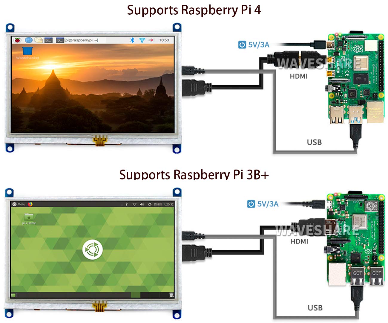 waveshare 5inch HDMI LCD (B) 5" 800×480 Resistive Touch Screen LCD TFT Monitor for Raspberry Pi 4B/3B+/3B/2B/A+/Zero/Zero W/WH, PC Windows 10/8.1/8/7, Driver Free