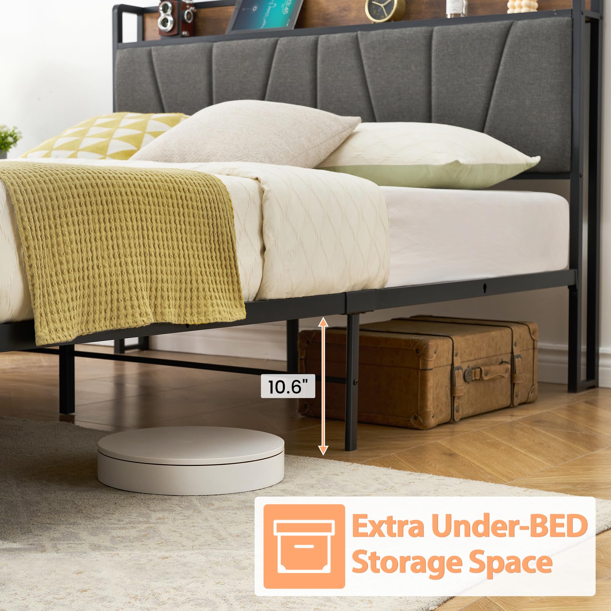 GAOMON Twin Size Bed Frame with 2 Storage Drawers and Charging Station, Rustic Linen Upholstered Platform Bedframe with Storage Headboard, Heavy Duty, No Box Spring Needed, Easy Assembly, Noise Free