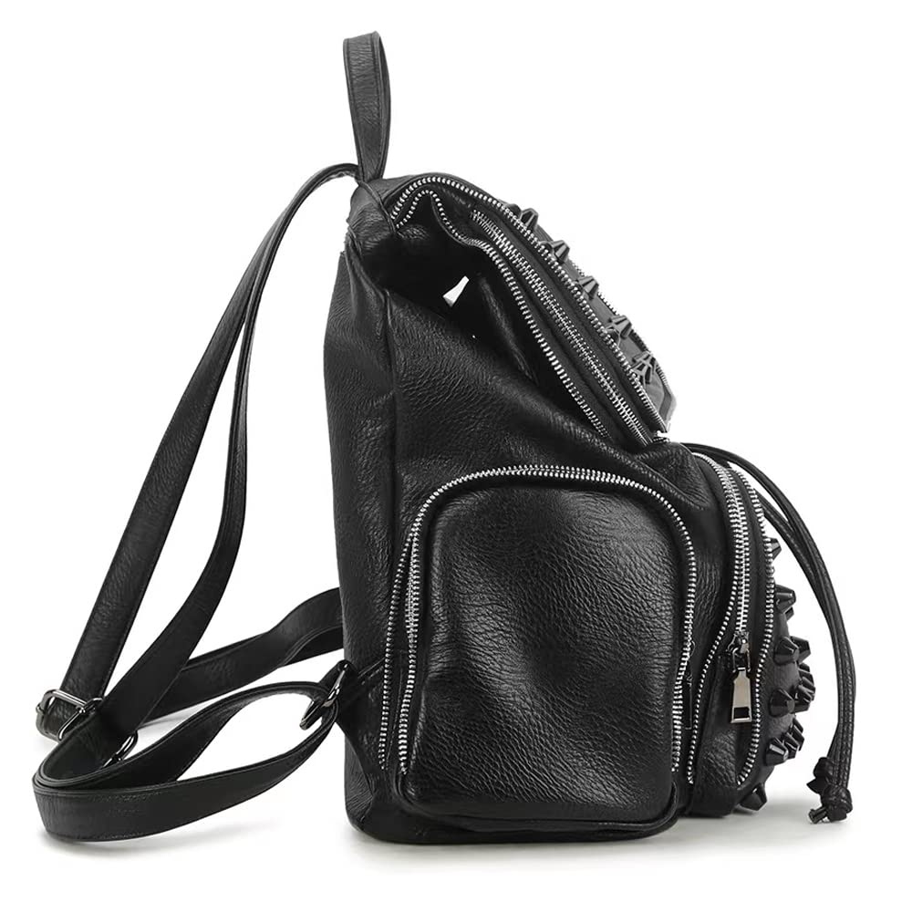 Downupdown Studded Backpacks for Women and Men Leather Flap Rivet Backpack knapsack Ladies Casual Daypack Shoulder Bag Cool Zipper Backpack with Top Handle Bucket Bag-Black