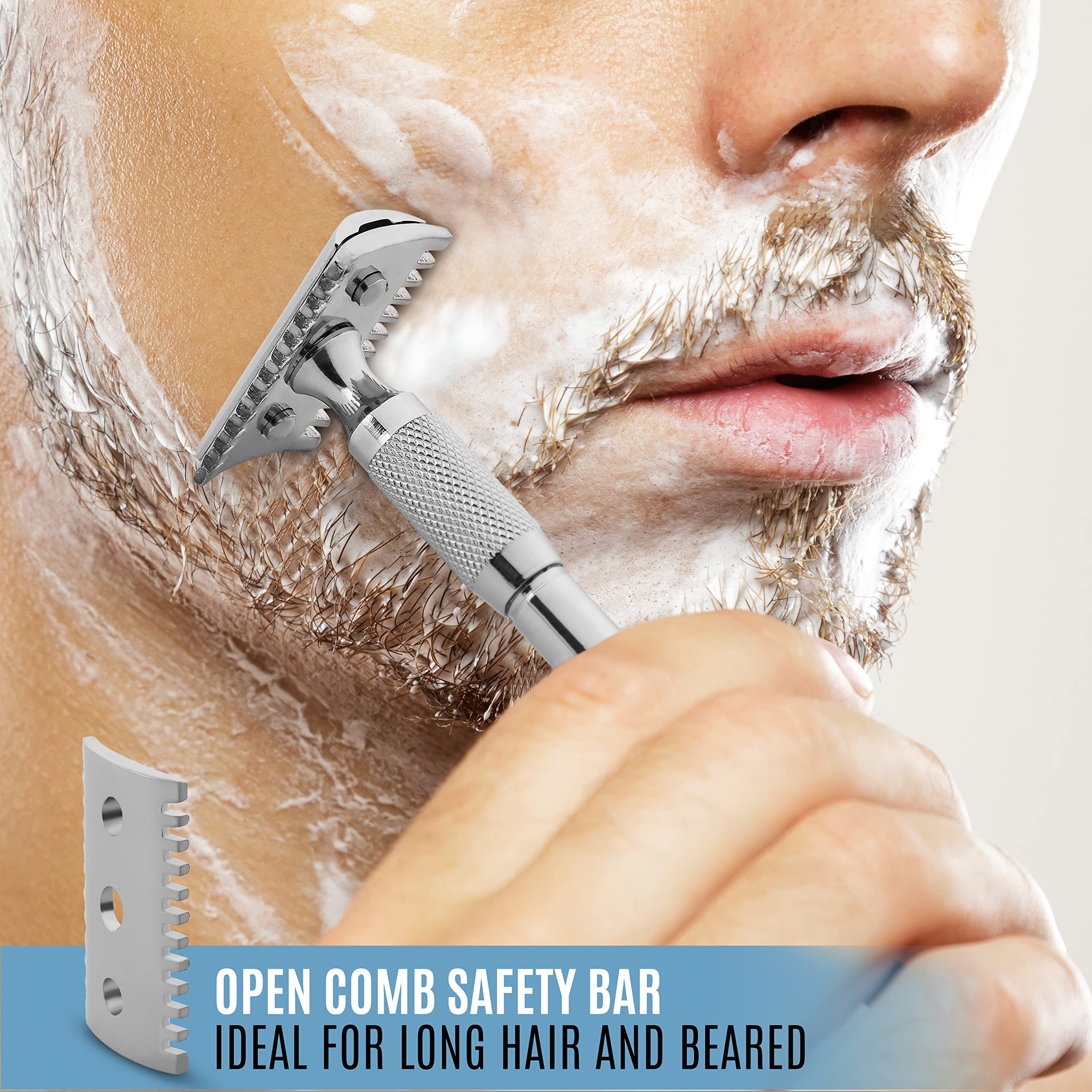 Raka Long Handle Double Edge Safety Razor for Men With Extra Free Open Comb - Twist to Razors, Along 10 stainless Steel Blades better shaving experience, silver, 12 Piece Set