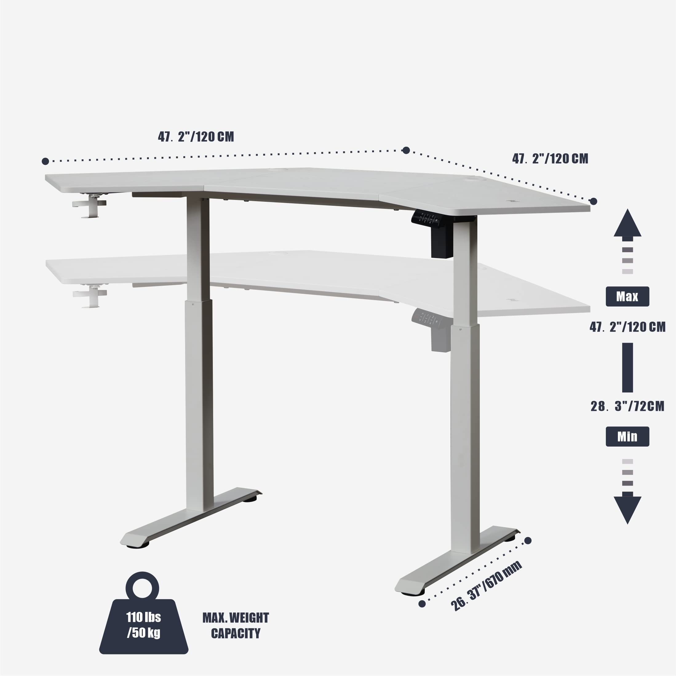 kowo L Shaped Height Adjustable Electric Standing Desk with USB C Hub & Wireless Charger, Sit Stand Corner Desk, Memory Settings, Stand Up Computer Desk Adjustable Table, White