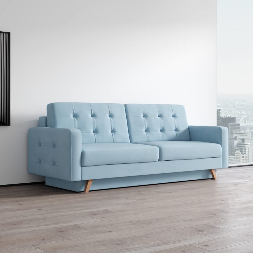 Meble Furniture Modern Mid-Century Sleeper Sofa - Queen Size Convertible Sofa Bed with Spacious Under-Seat Storage - Stylish and Comfortable Storage Sofa for Living Room - Blue