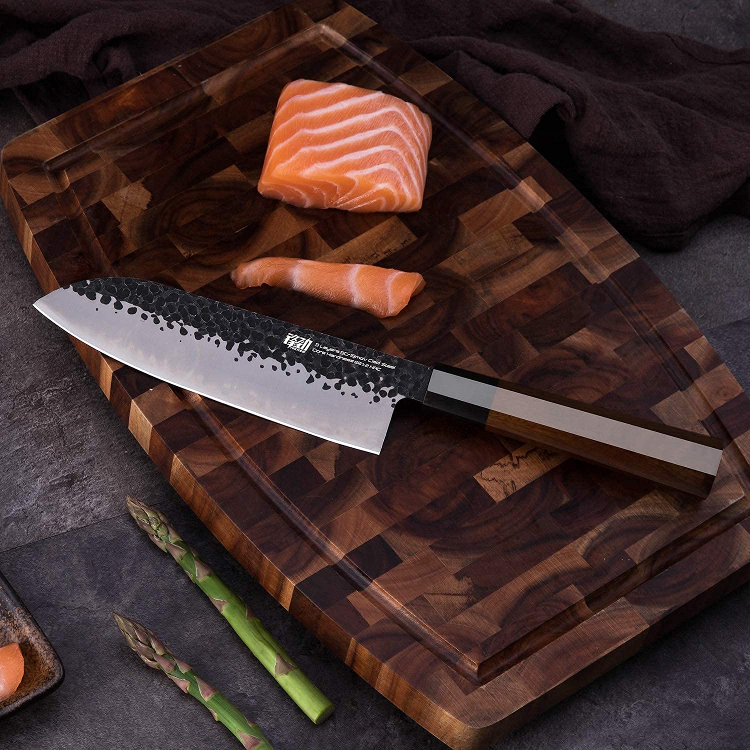 FINDKING Dynasty Series 7" Clad Steel Santoku knife and Magnetic Walnut Knife Edge Guard