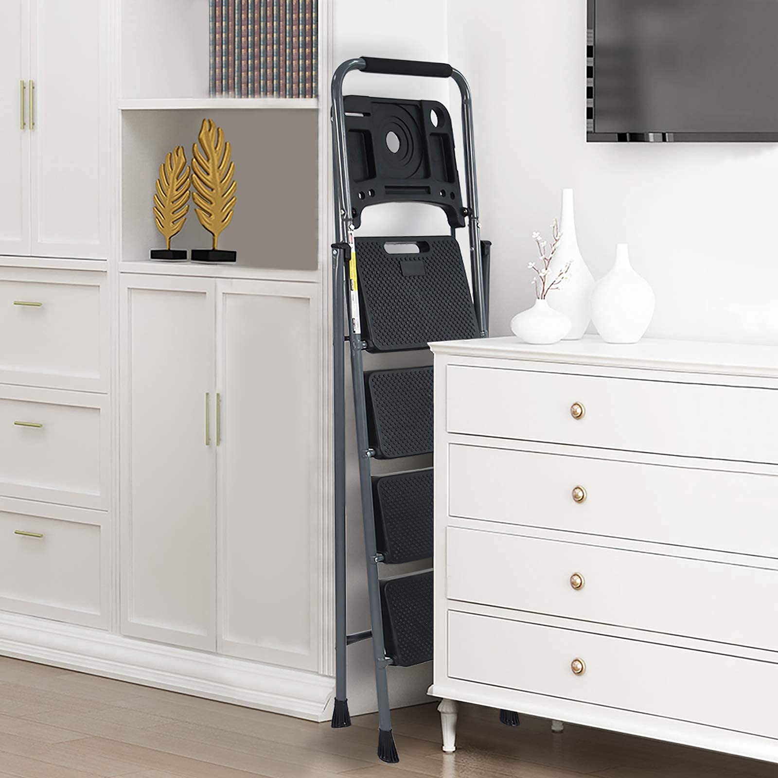 CharaVector 4 Step Ladder,Lightweight Folding Step Ladder,Folding Step Stool with Built-in Tool Platform and Anti-Slip Feet,Step Ladder with Handrails Gray