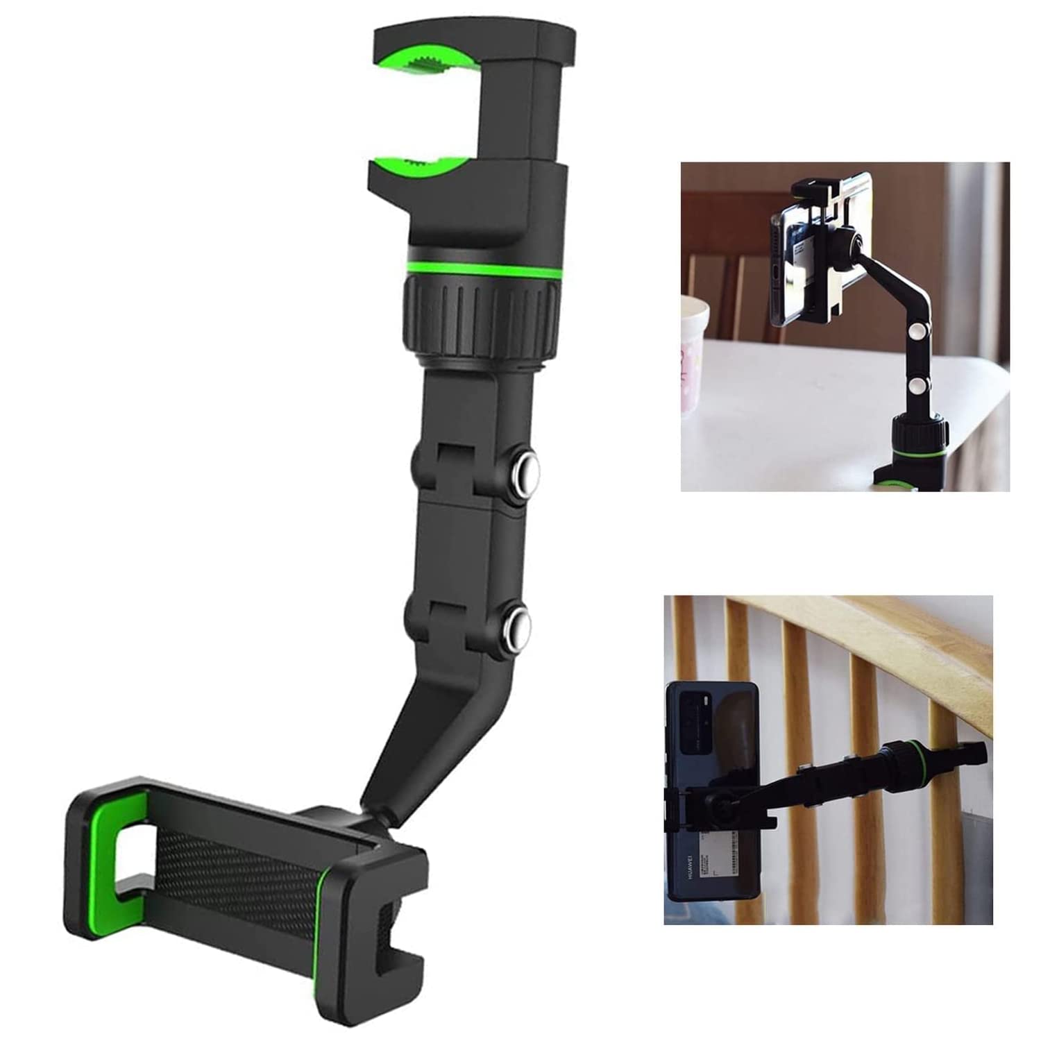 New 360° Rearview Mirror Phone Holder for Car Multifunctional Mount Phone and GPS Holder Universal Rotating Car Phone Holder, Can be Fixed and Adjusted Cell Phone Automobile Cradles (Green)