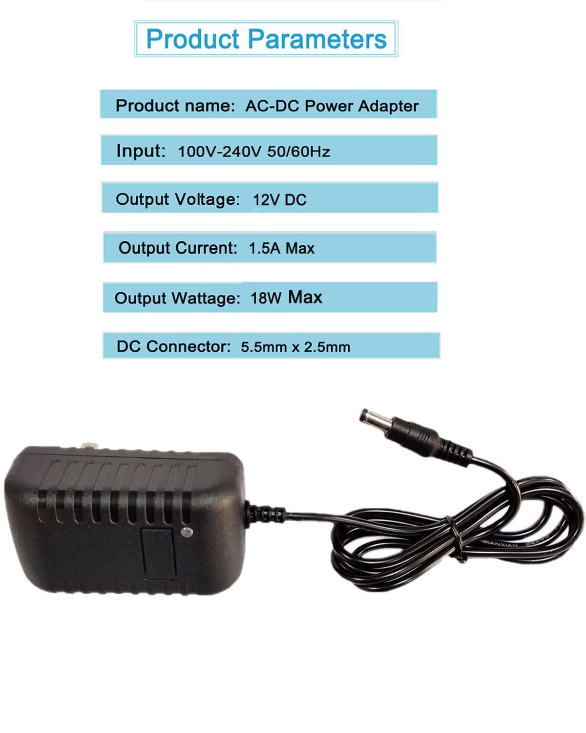 MTYTOT DC 12V 1.5A 1500mA Power Supply Adapter 100-240V AC to DC 12Volt Transformers Switching Power Supply 5.5mm x 2.5/2.1mm DC Plug for 12V led Strip Light CCTV Camera,12 Volt 1.5Amp AC/DC Adapter