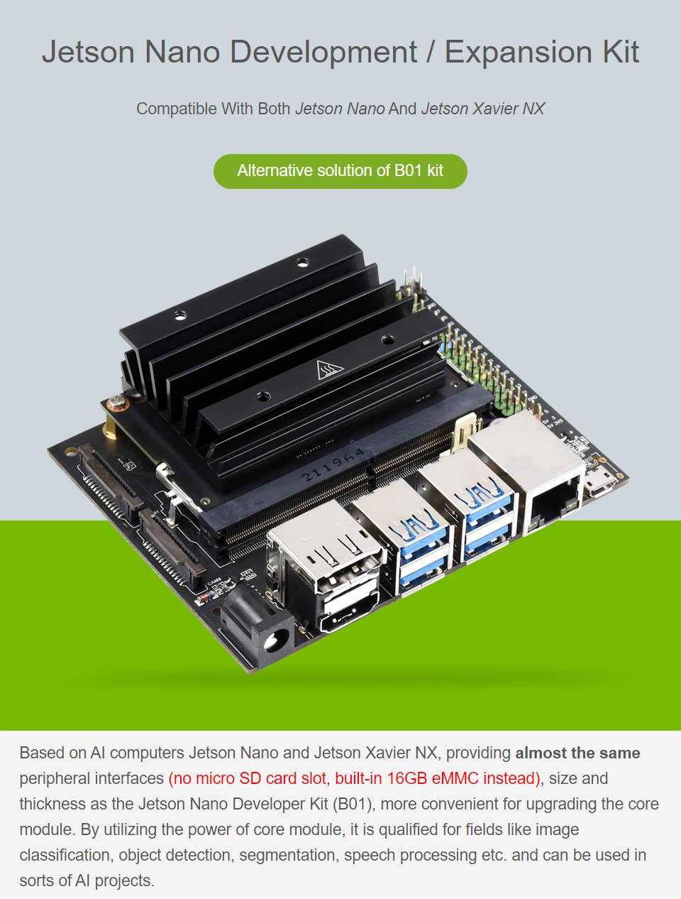 Waveshare Jetson Nano 4GB Development/Expansion Kit Alternative Solution of B01 Kit with Carrier Board Only Compatible with Both Jetson Nano and Jetson Xavier NX