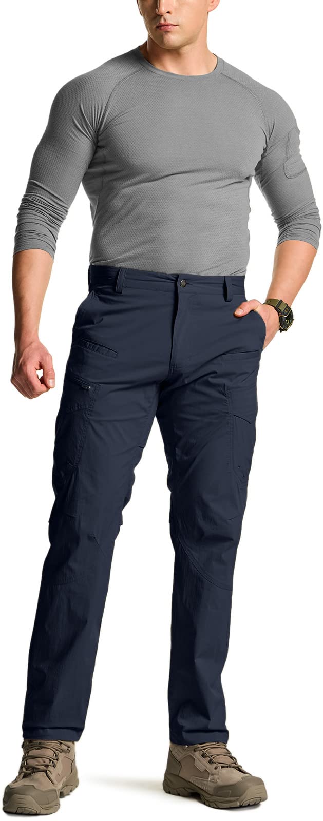 CQR Men's Cool Dry Tactical Pants, Water Resistant Outdoor Pants, Lightweight Stretch Cargo/Straight Work Hiking Pants, Runyon Cargo Navy, 34W x 30L