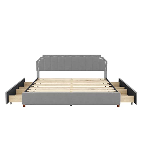 King Szie Storage Upholstered Platform Bed Set with 4 Storage Drawers and Headboard, Solid Wood Velvet Upholstery Platform Bed Bedframe with Storage for Kids Teens, Boys & Girls ,Gray Platform Bed
