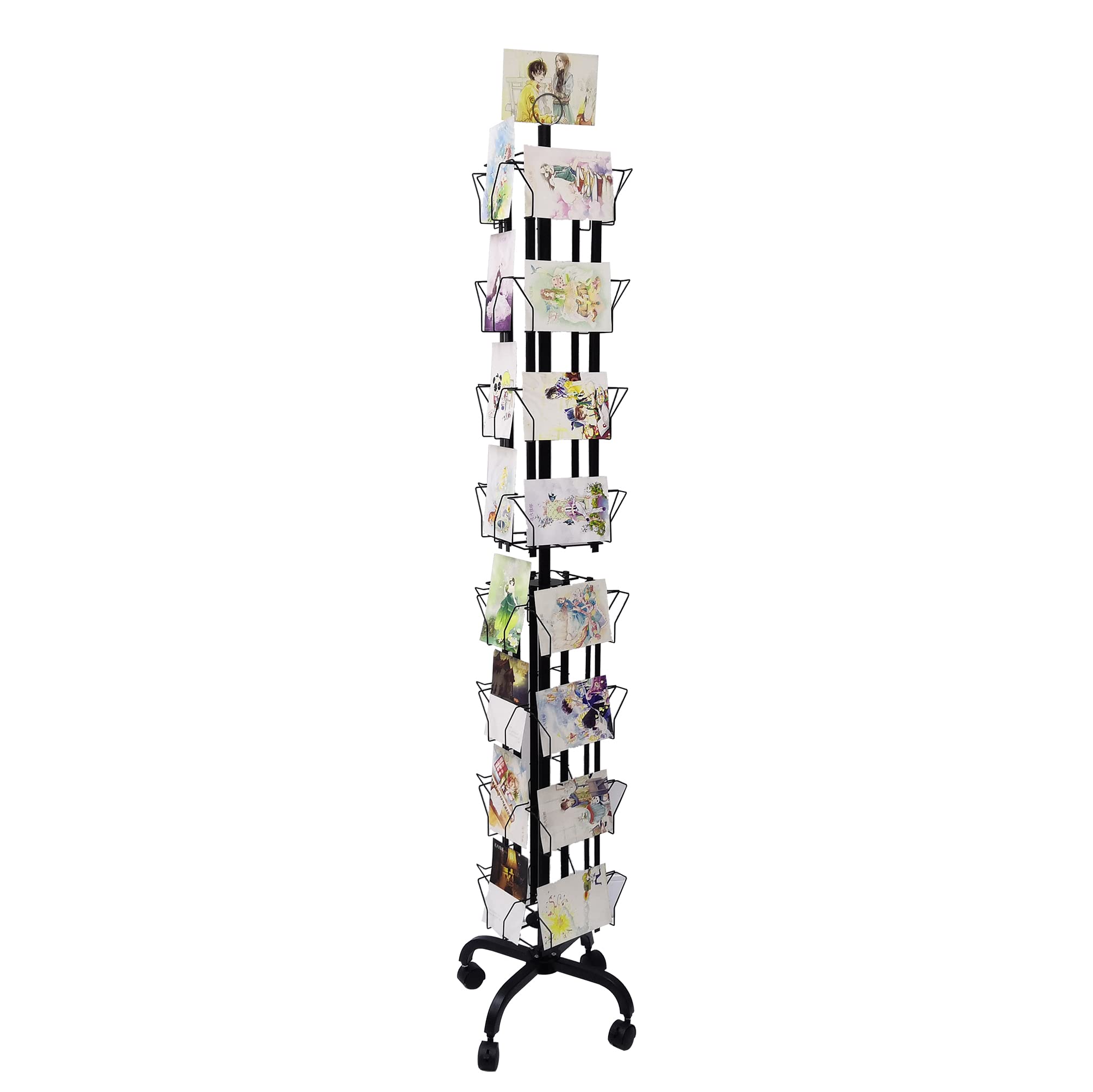 FixtureDisplaysĀ® 32 Adjustable Pockets Display Rack 5x7 7x5 up to 8.5" Wide X 8" Tall Cards, 1.27" deep Pockets, Double Tier Greeting Post Card Christmas Holiday Spinning Rack Stand Black 10095
