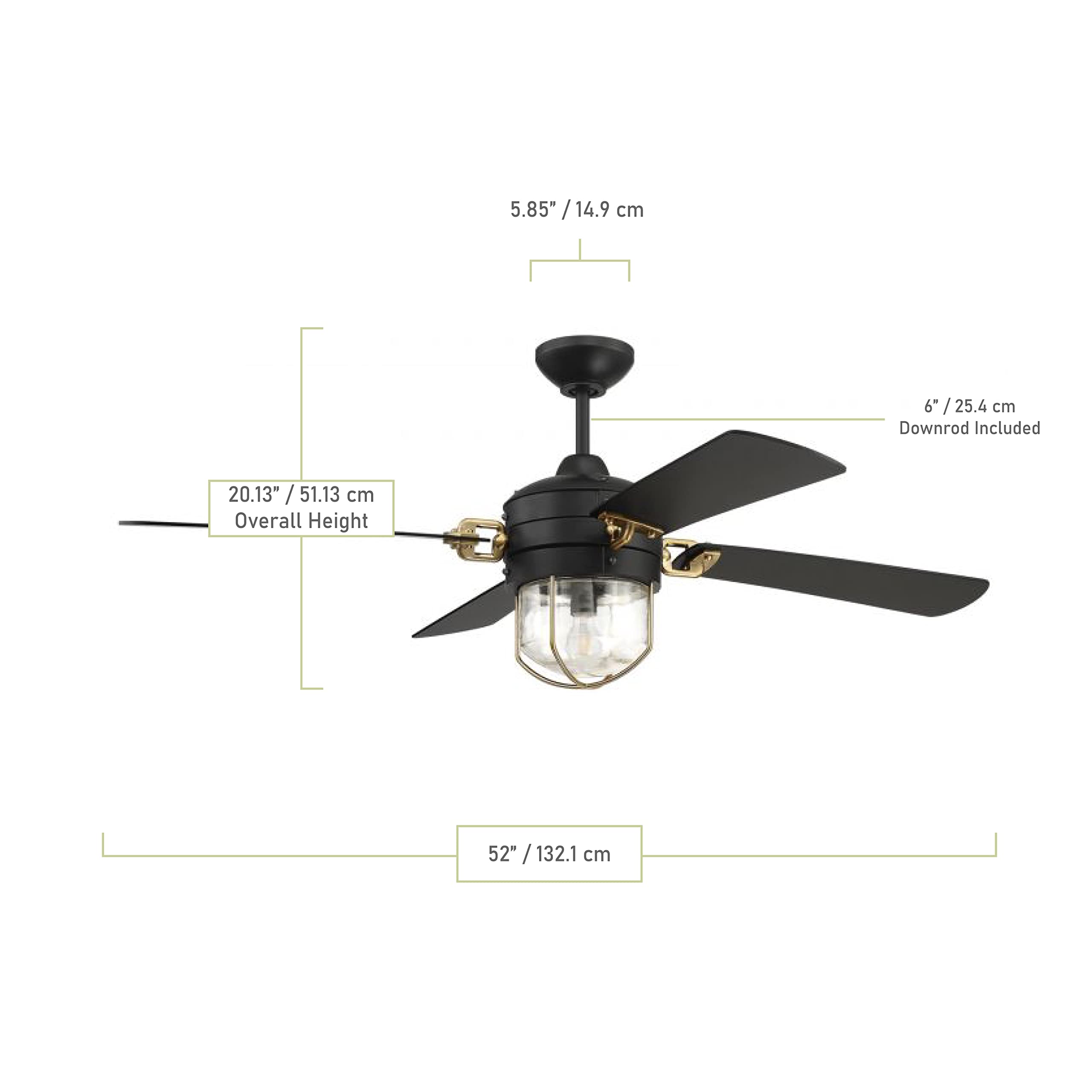 Craftmade NOL52FBSB4 Nola Dual Mount 52" Ceiling Fan with LED Light and Remote, 4 Blades, Flat Black & Satin Brass