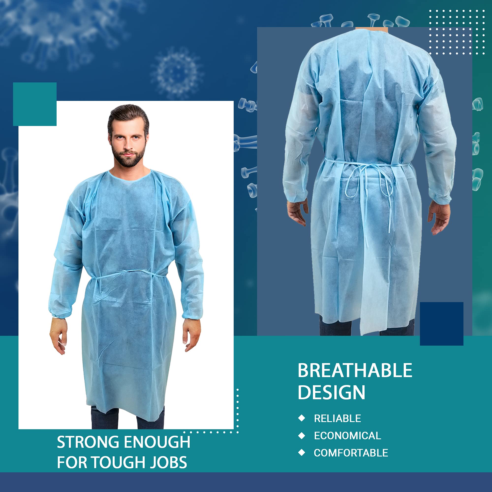 MEDICAL NATION 100 Pack Disposable Isolation Gowns - Blue Level 2 SMS Non-Woven Material - PPE Gowns Disposable for Dental, Medical Use, Fluid-Resistant and Latex-Free Gowns, Universal Size
