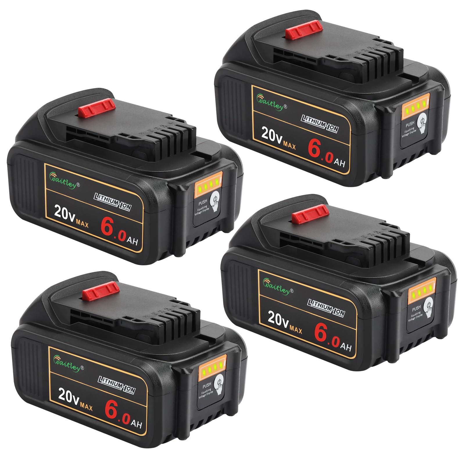 waitley 4 Pack 20V 6A Replacement Battery Compatible with Dewalt DCB200 DCB206 DCD DCF DCG Series Cordless Tools