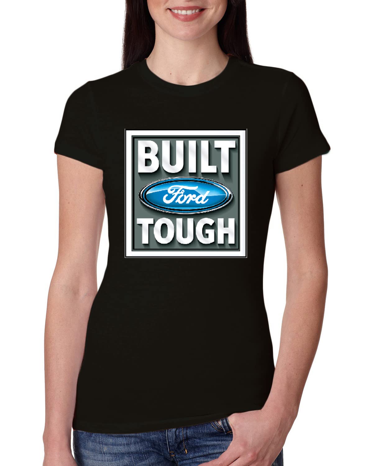 Built Ford Tough Classic Cars and Trucks Logo Ford Mustang Shelby Licensed Official Cars and Trucks Womens Slim Fit Junior Tee, Black, Medium