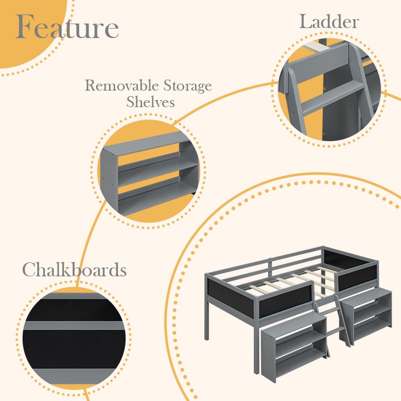Low Loft Bed with 2 Movable Storage Shelves, Twin Size Bed Frame with Chalkboard and Ladder, Wood Loft Daybed for Kids, Boys, Girls, Teens, No Spring Box Required, Gray