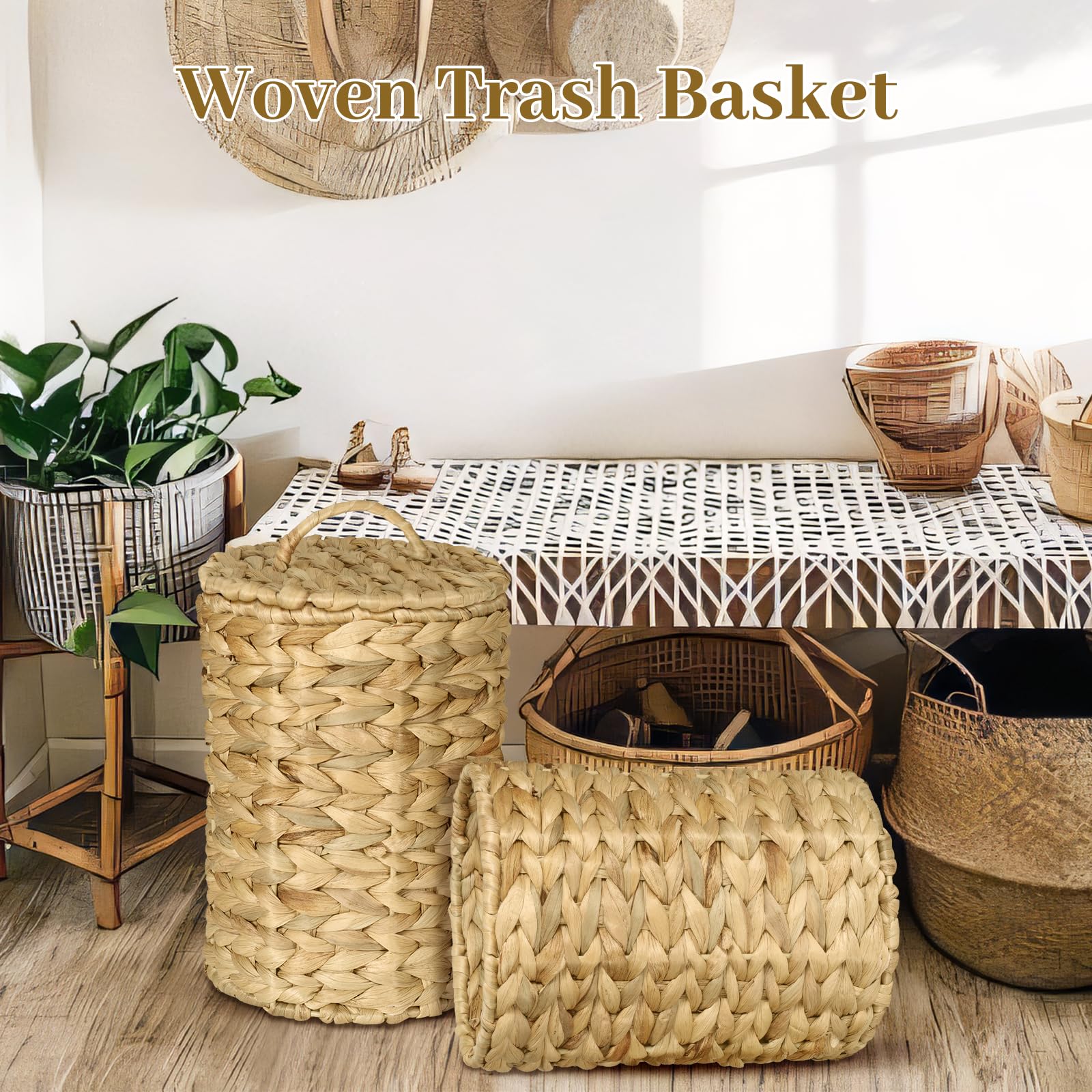 hardcometrue Boho Wicker Trash Can with Lid,Bathroom Trash Can with Trash Bags Hand Woven Water Hyacinth Trash Basket for Kitchen Bedroom Office