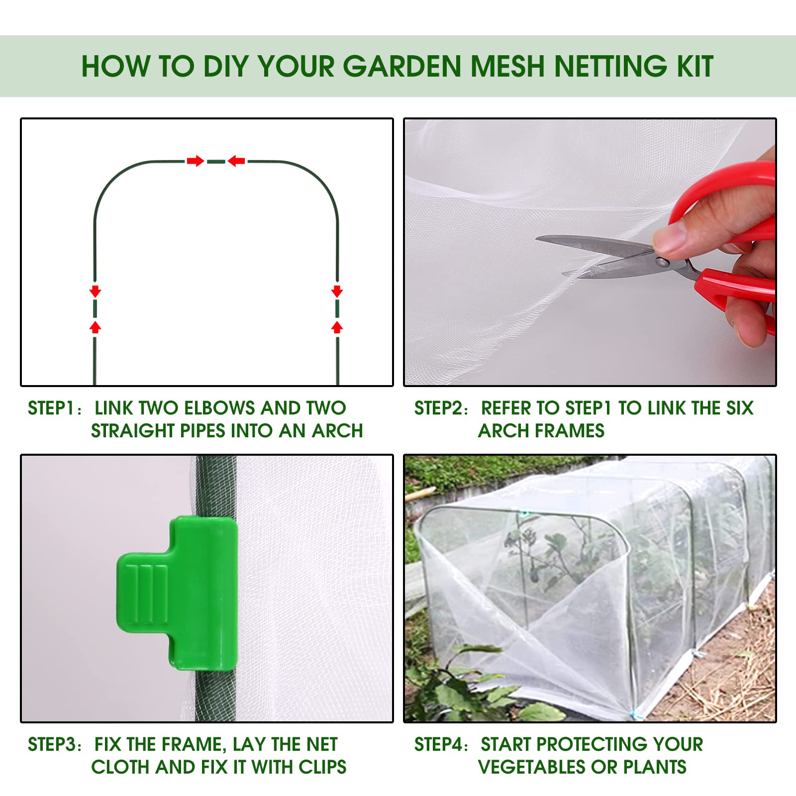 Garden Mesh Netting Kit, Plant Covers 10x30ft Ultra Fine Mesh Netting with 6 Sets Garden Hoops &12 Clips, Bird Netting Protection for Fruit Vegetable Flowers Animals Greenhouse Cover