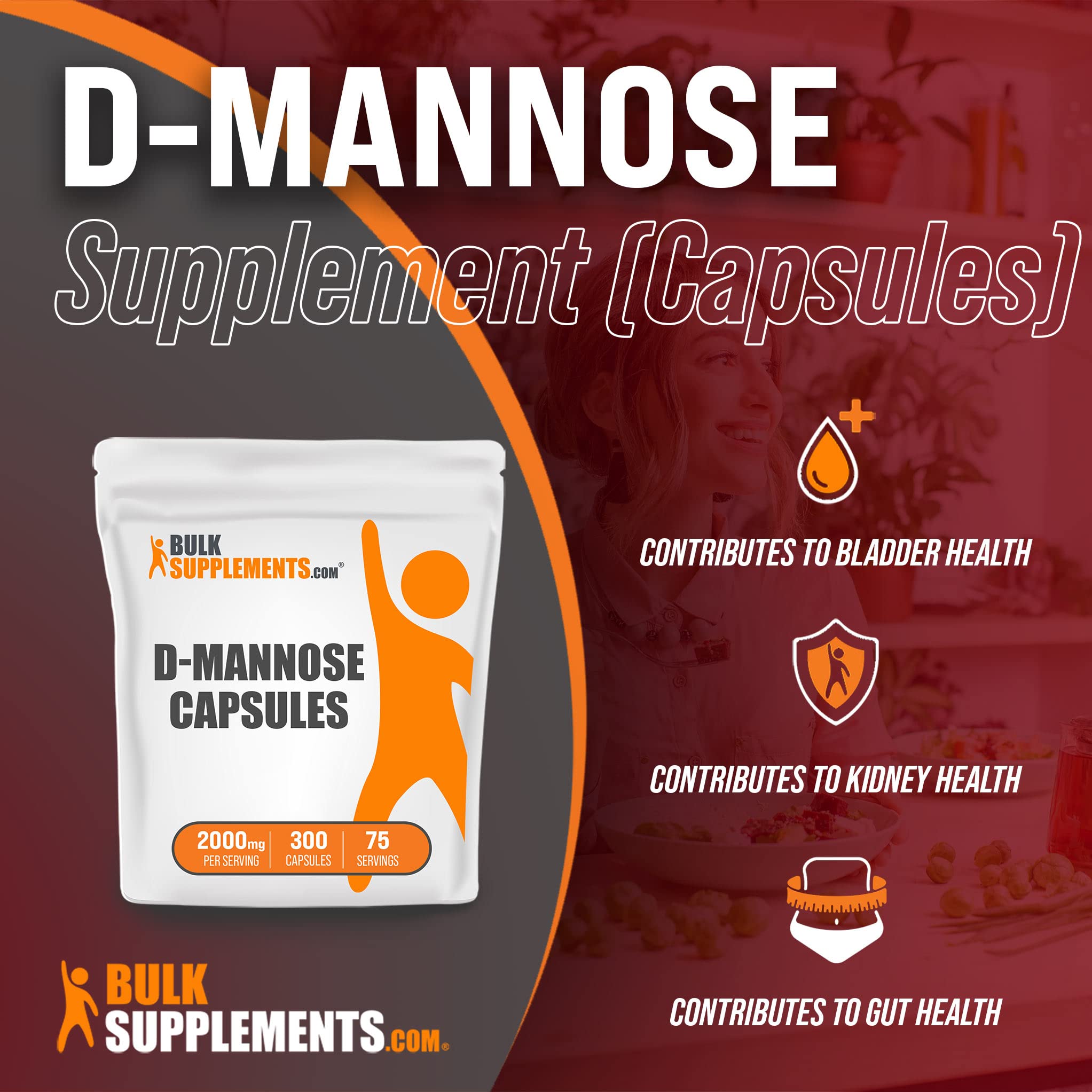 BulkSupplements.com D-Mannose Capsules - D-Mannose Supplement for Urinary Tract Support - Unflavored, Soy Free - 4 Capsules per Serving - 75-Day Supply (300 Capsules)