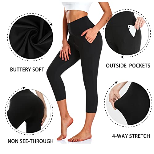 NEW YOUNG 3 Pack Capri Leggings for Women with Pockets-High Waisted Tummy Control Black Workout Gym Yoga Pants