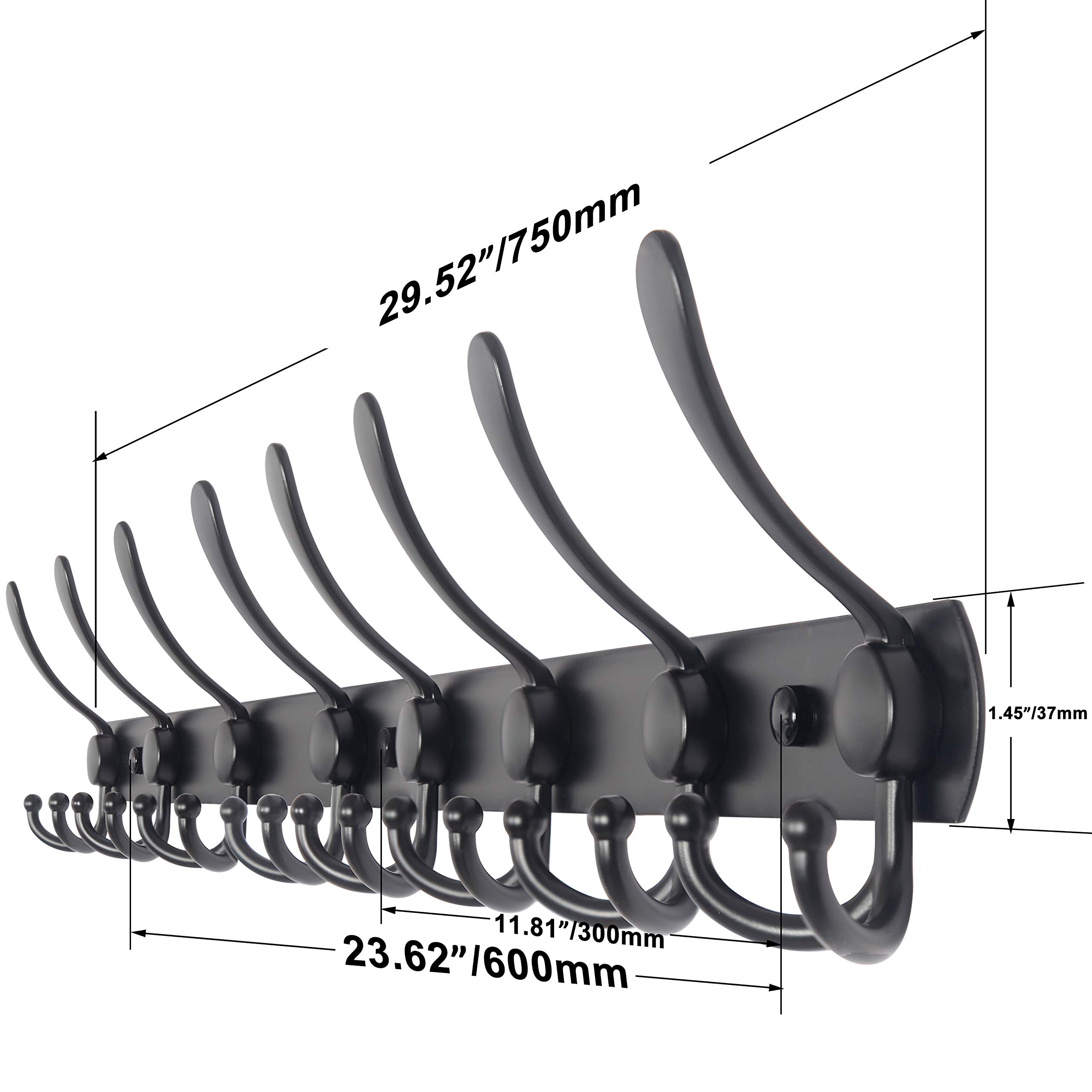 WEBI Coat Rack Wall Mount Long,8 Tri Hooks for Hanging Coats,30 inch Hook Rack,Hook Rail,Coat Hanger Wall Mount for Clothes,Jacket,Hats,Black,2 Packs