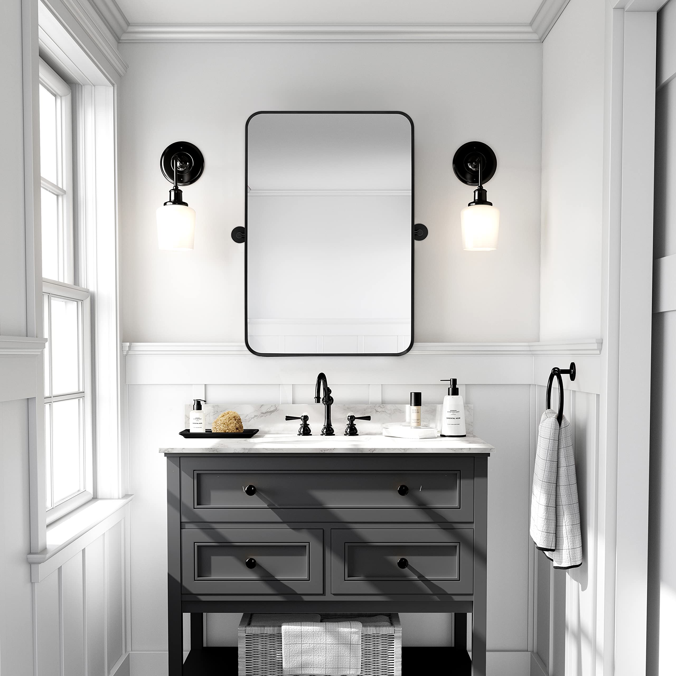 Minuover 20" x 30'' Pivot Rectangle Bathroom Mirror Tilting Beveled Black Metal Framed Vanity Mirrors for Wall (20" x 30", Matte Black)