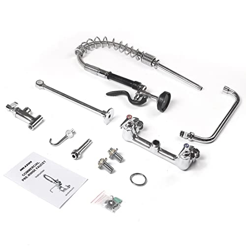 IMLEZON Commercial Wall Mount Kitchen Sink Faucets Brass Constructed Polished Chrome Pre-Rinse Device 25" Height 8" Center with Coilded Spring Pull Down Sprayer and 12" Add-on Spout