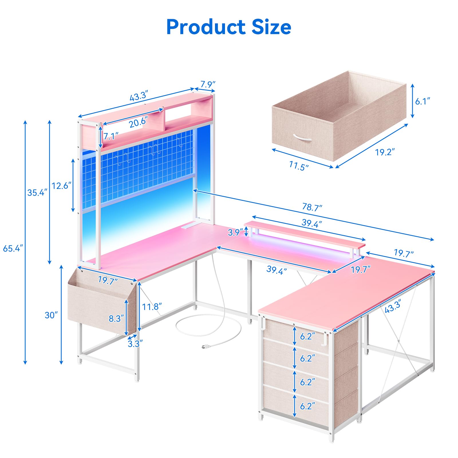 Harmobitat U Shaped Computer Desk with Monitor Stand and LED Lights, Computer Gaming Desk with Storage Shelves, Large U- Shape Desk with Power Outlets, Corner Office Desk with 4 Drawers, Pink