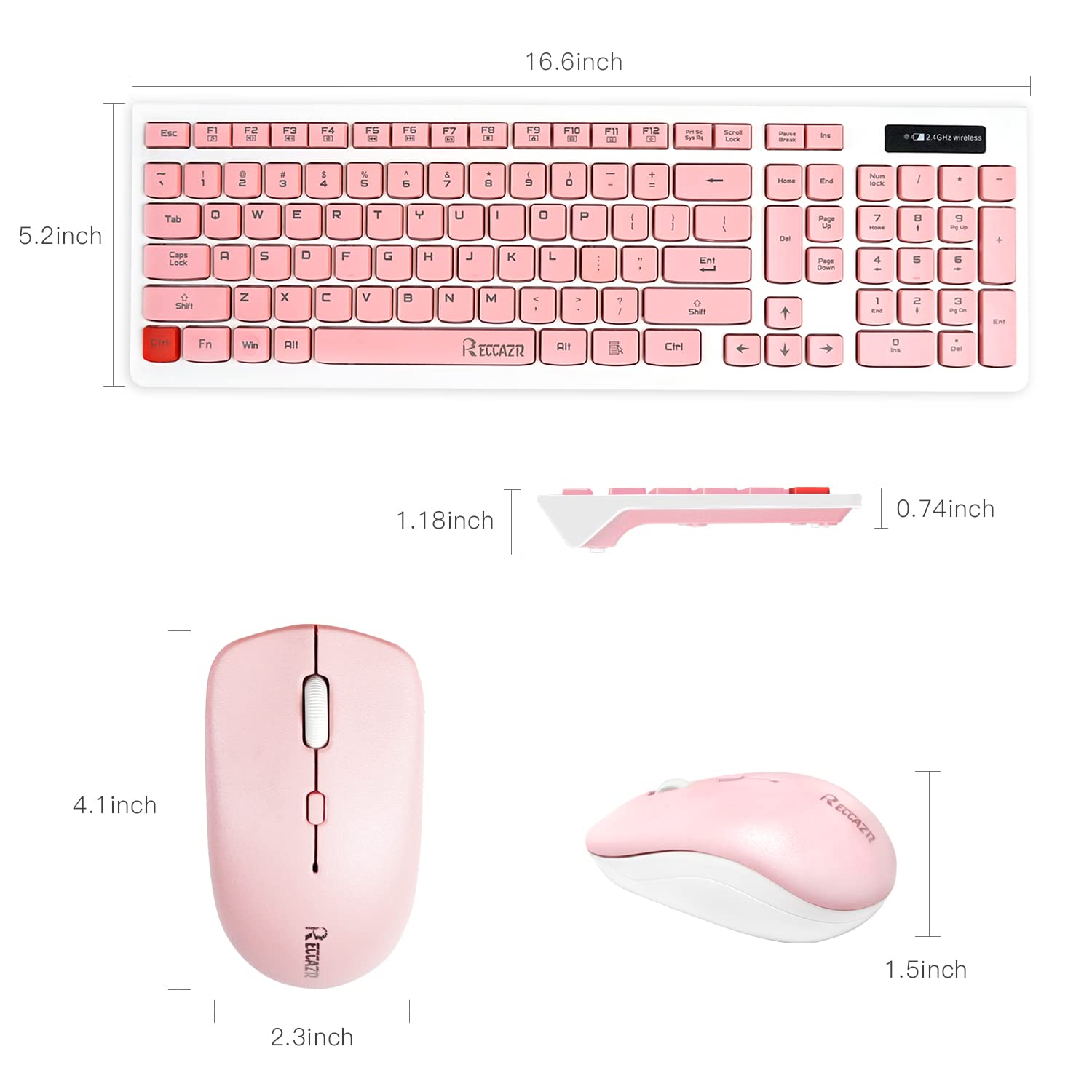 RECCAZR Wireless Keyboard and Mouse Combo, 2.4Ghz Full Size Wireless Keyboard and DPI Adjustable Mouse,Long Battery Life, Lag-Free Wireless Keyboard and Mouse for PC, Windows, Desktop, Laptop(Pink)