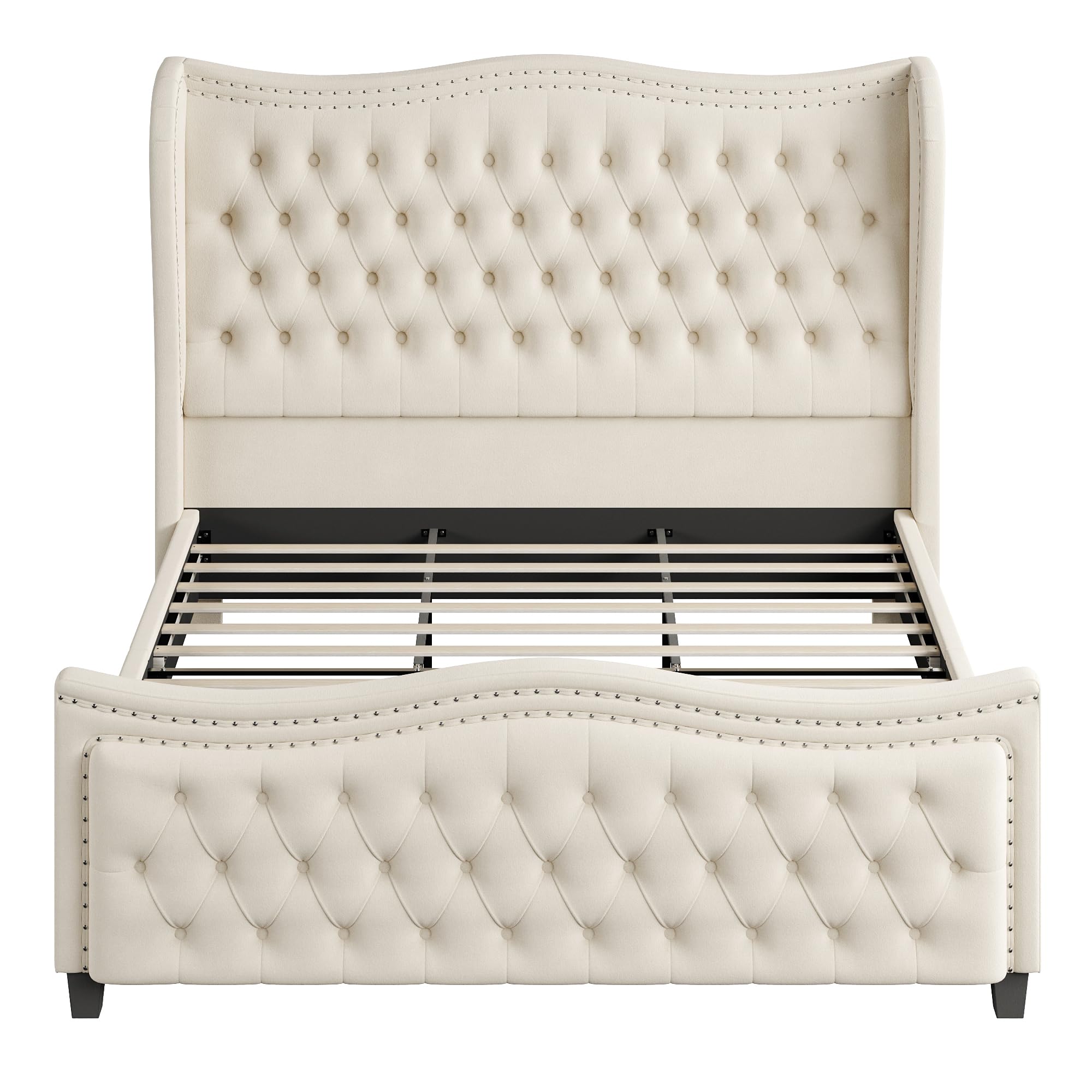 HOSTACK King Bed Frame, 55" Headboard Upholstered Bed with Tall Footbaord, Velvet Handmade Pleats Deep Button Tufted Wingback Platform Bed, No Box Spring Required/Wood Slat Support/Beige