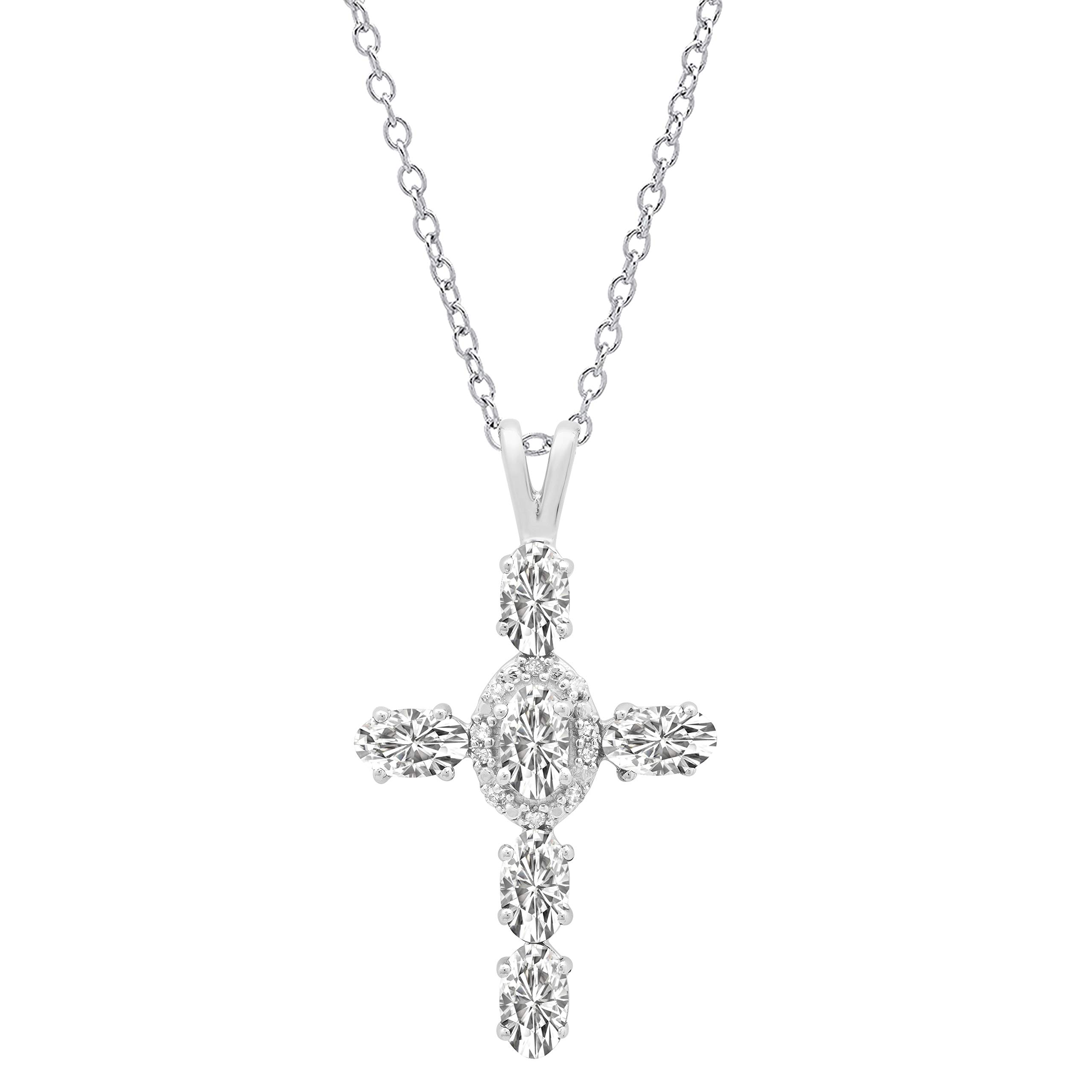 Dazzlingrock Collection 5X3mm Oval Lab Created White Sapphire & Round Natural White Diamond Cross Pendant with 18 Inch Gold Chain for Women in 10K White Gold