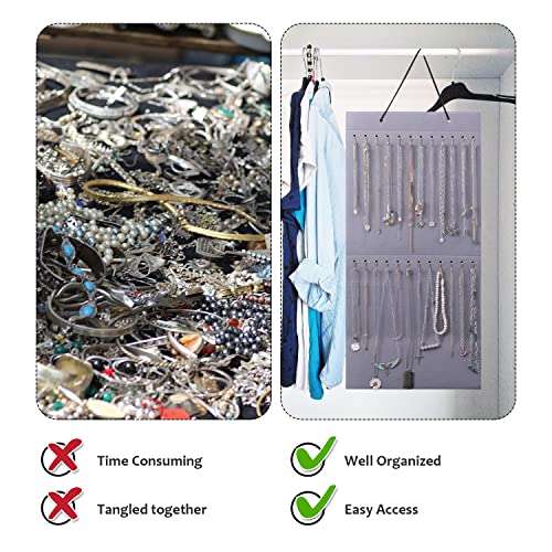 RLRICH Hanging Necklace Holder, Wall Mounted Necklace Hanger with 24 Hooks, Jewelry Organizer for Holding Necklaces, Bracelets, Chains (Gray)