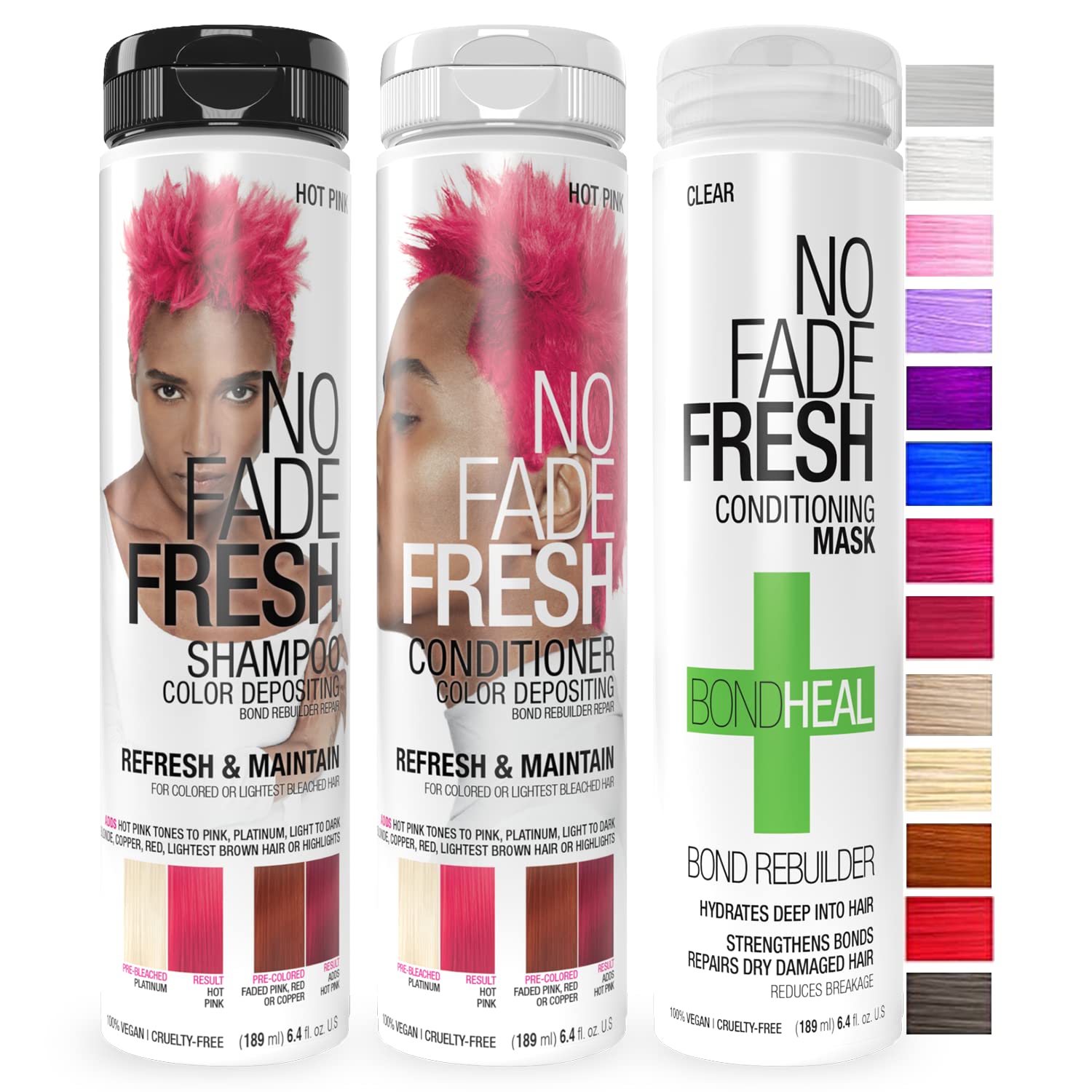 No Fade Fresh Bright Red Color Depositing Shampoo + Conditioner + BondHeal Bond Rebuilder Bundle - Enhance Color, Prevent Fading & Refresh, Temporary Hair Dye