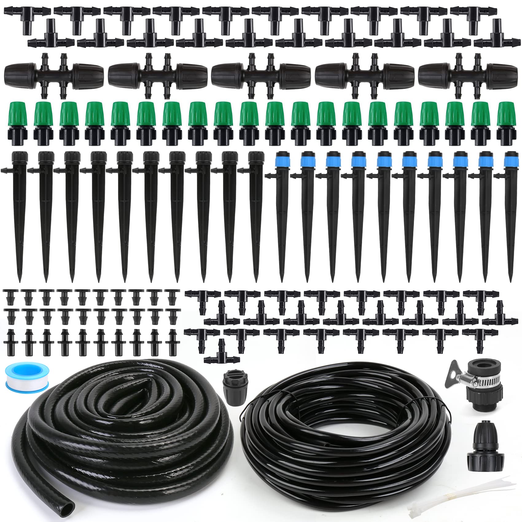 Flantor Drip Irrigation Kit, Irrigation System Garden Watering System with 26ft 1/2 inch and 200ft 1/4 inch Blank Distribution Tubing, Automatic Drip Irrigation with 6-Way Connector and Adjustable