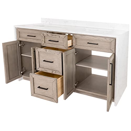 Kitchen Bath Collection Palisade 60-inch Double Bathroom Vanity (Engineered Marble/Gray Oak): Includes Gray Oak Cabinet with Engineered Marble Waterfall Countertop and White Ceramic Sinks