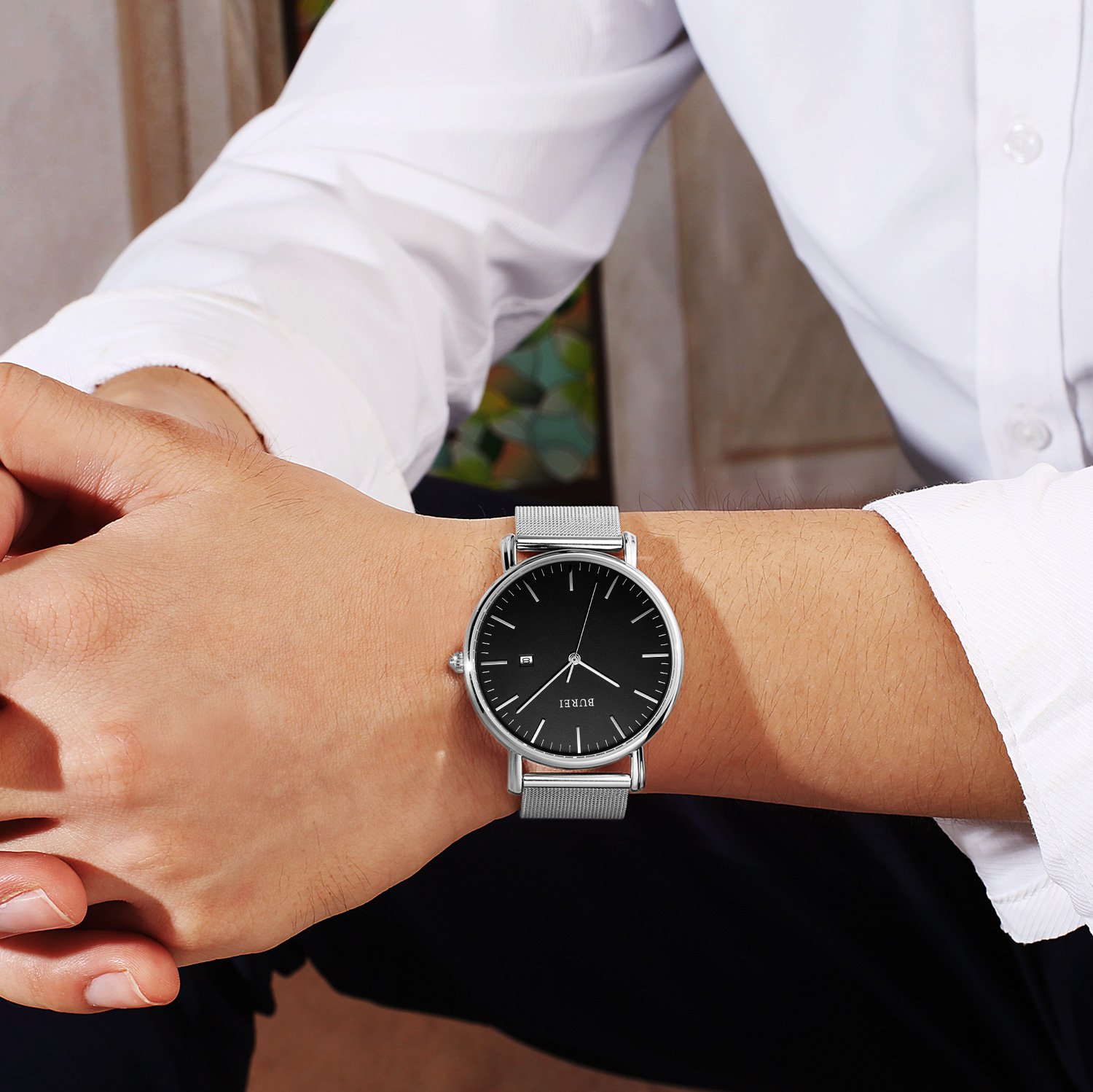 BUREI Men Black Dial Silver Mesh Band Watches Minimalist Analog Quartz Watches for Men Gifts for Men