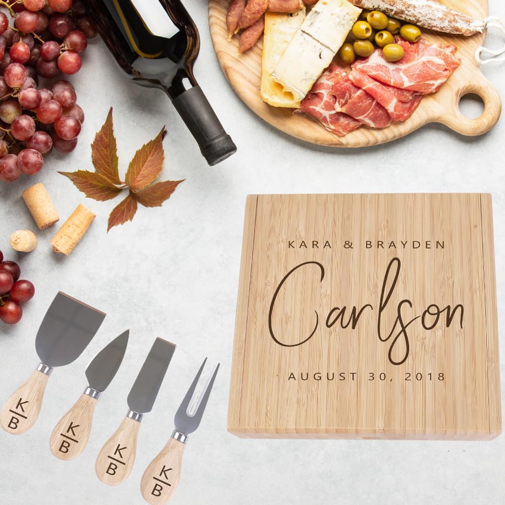 Cre8tive Motifs 5 Piece Cheese Knife Set, 8 Inch Charcuterie Board, Personalized Cutting Board, Customized Wedding Gift, Anniversary Gift for Her, Engraved Knife (Case Engraving Only)