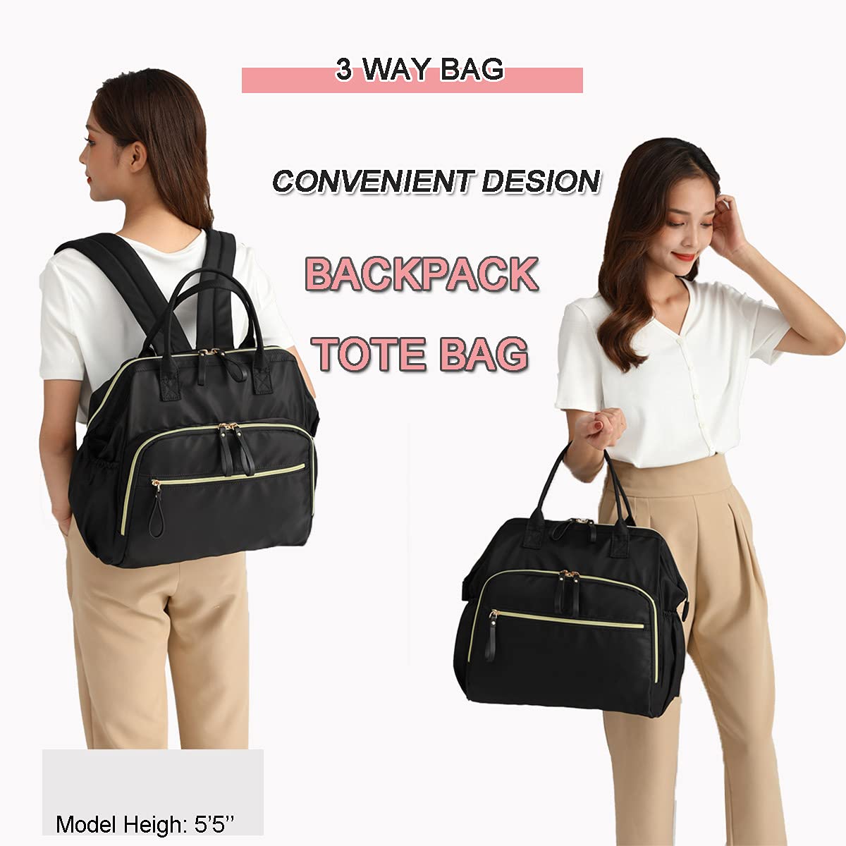 PAOIXEEL Large Capacity Diaper Bag Tote, Water-Resistant Nylon 3 Ways Travel Backpack and Should Bag with Anti-Theft Pockets, Black-Silver