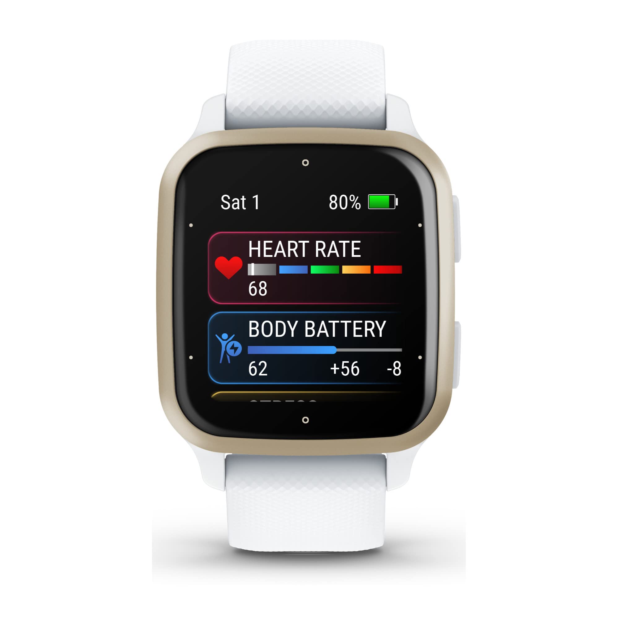 Garmin Venu Sq 2 Smartwatch (Cream Gold/White) Bundle with Powerful Bass Earbuds and Wellness Plus Software (3 Items)