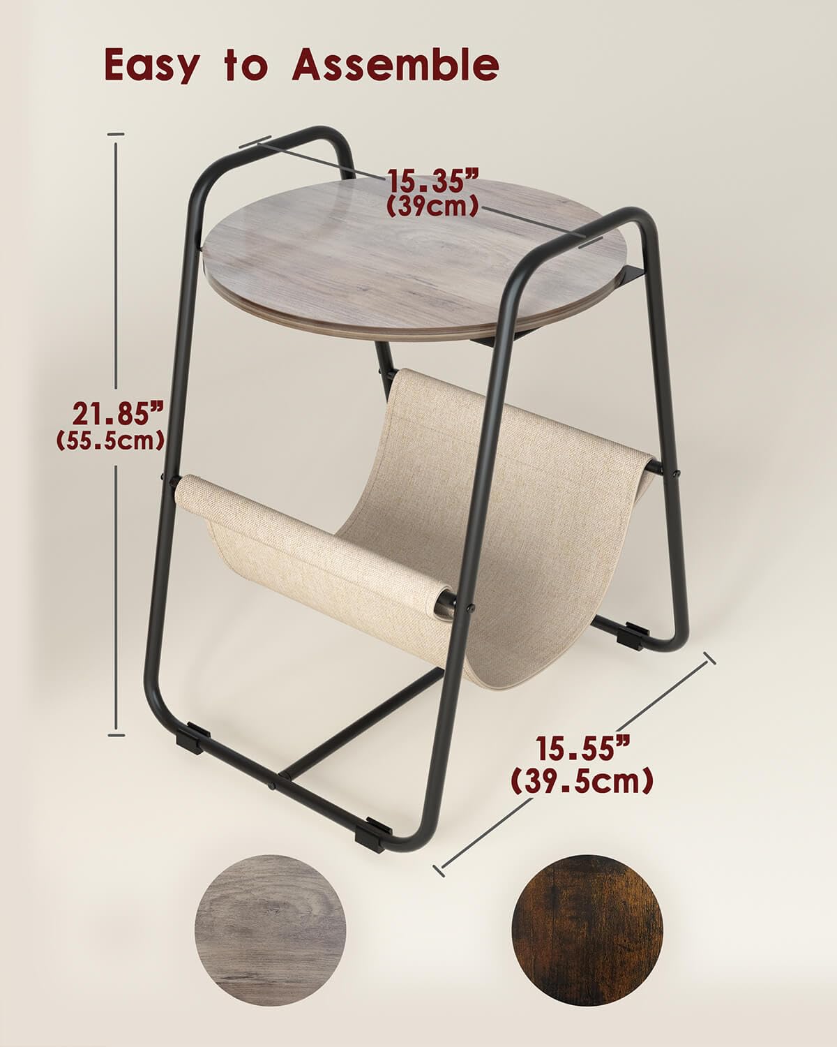 JOOLESER End Table - 2 Tier Small Round Side Table - Wood Round Nightstands with Fabric Storage for Small Spaces (Grey)