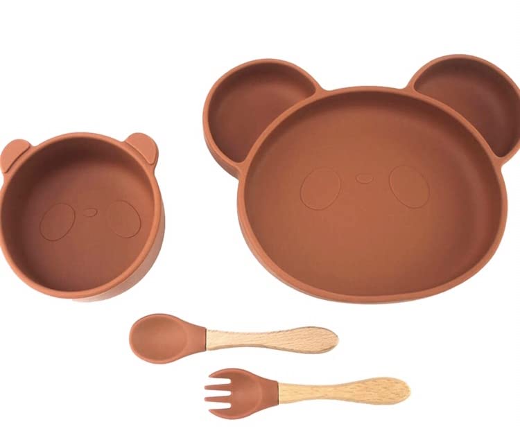 Red Panda Bamboo Silicone Suction Plate and Bowl Set with Spoon and Fork BPA Free Divider Kids Plate Bear Plate Bear Bowl Animal plate Microwave Safe Dishwasher Safe