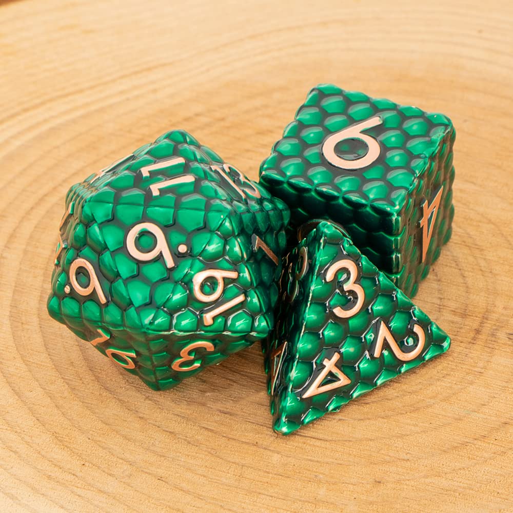 Dungeons and Dragons Dice Metal DND Polyhedral Dice Set, OUKELANWO Green D&D Dice Set with Gift Box, Dragon Scale Dice Set Large 20 Sided Roll RPG Role Playing Games, MTG, Pathfinder, Warhammer